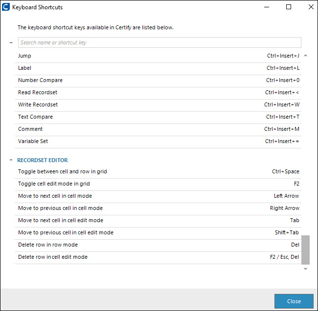 Viewing Keyboard Shortcuts For The Recordset Editor